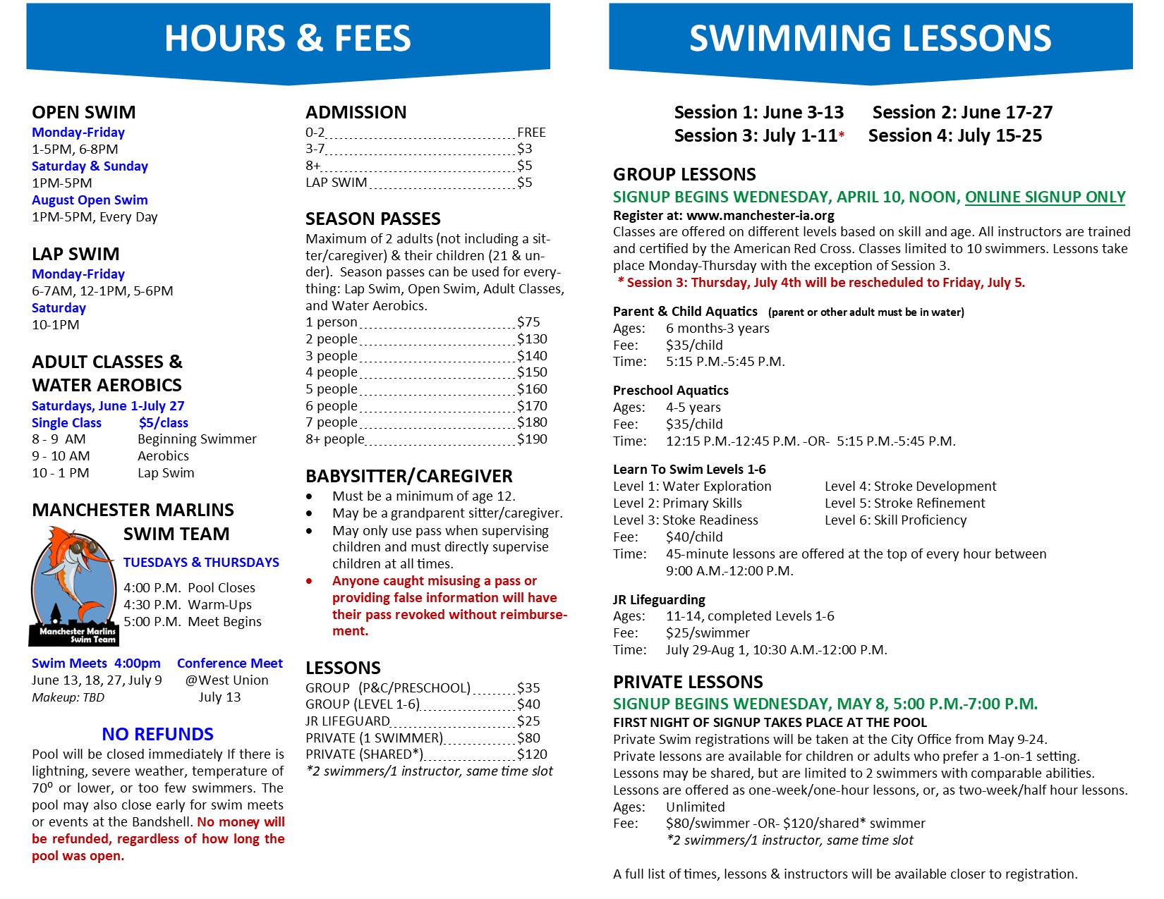 City of Manchester - Private Swim Lesson Sign Up